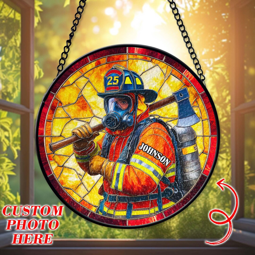 Personalized Firefighter Window Faux Stained Glass Suncatcher ...