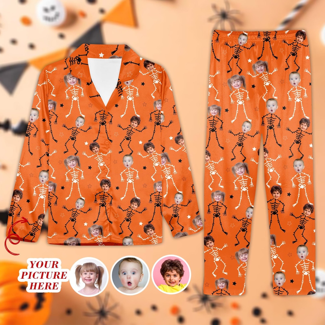Custom Face Photo Family Halloween Pajamas, Halloween Doodles Satin ...