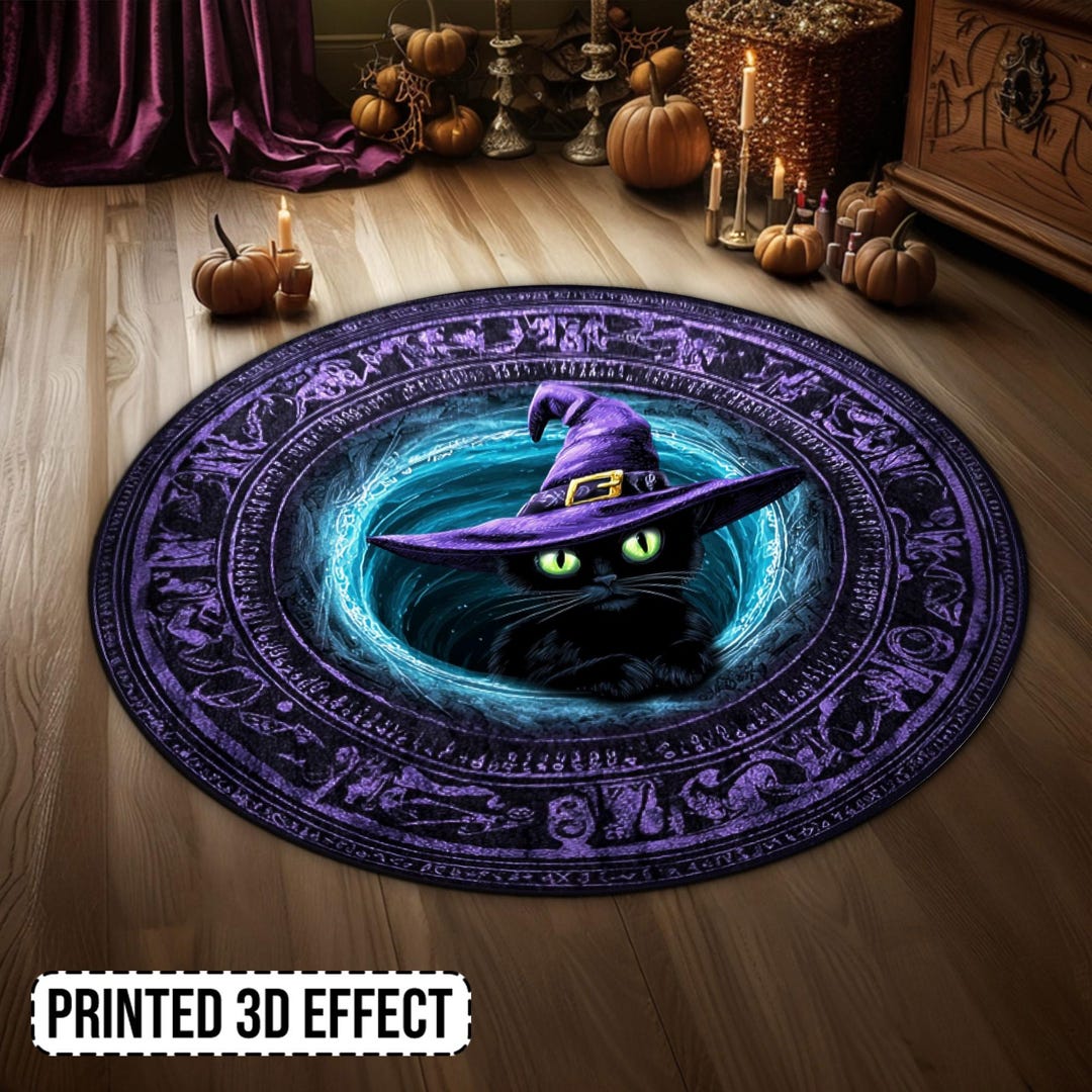 Halloween Black Cat 3D Printed Rug, Mystical Black Cat Halloween ...