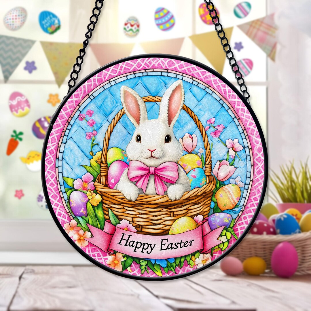 Faux Stained Glass Bunny Easter Eggs Suncatcher, Easter Bunny Window ...