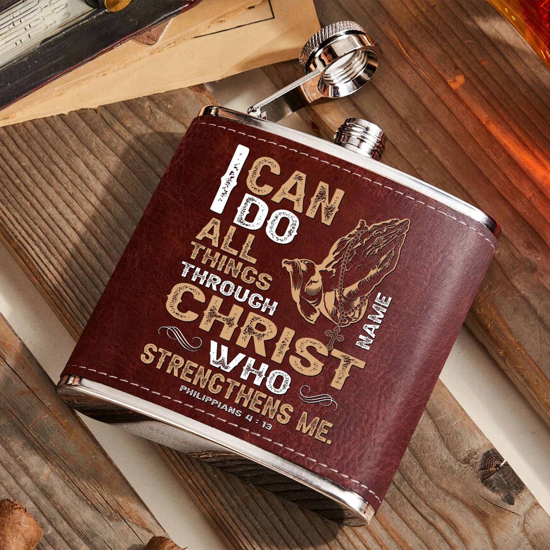 Custom Bible Verses Leather Flask, Father's Day Gift for Dad, Christian ...