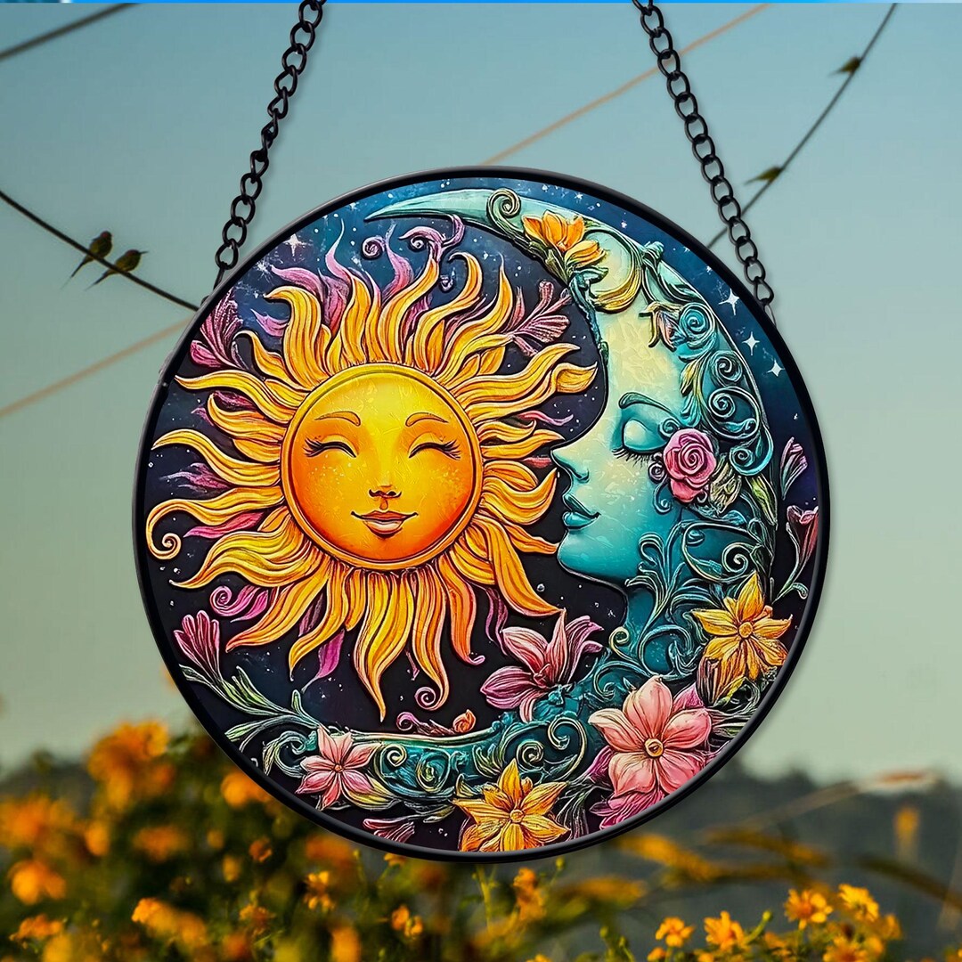 Sun and Moon Window Faux Stained Glass Suncatcher, Sun and Moon ...