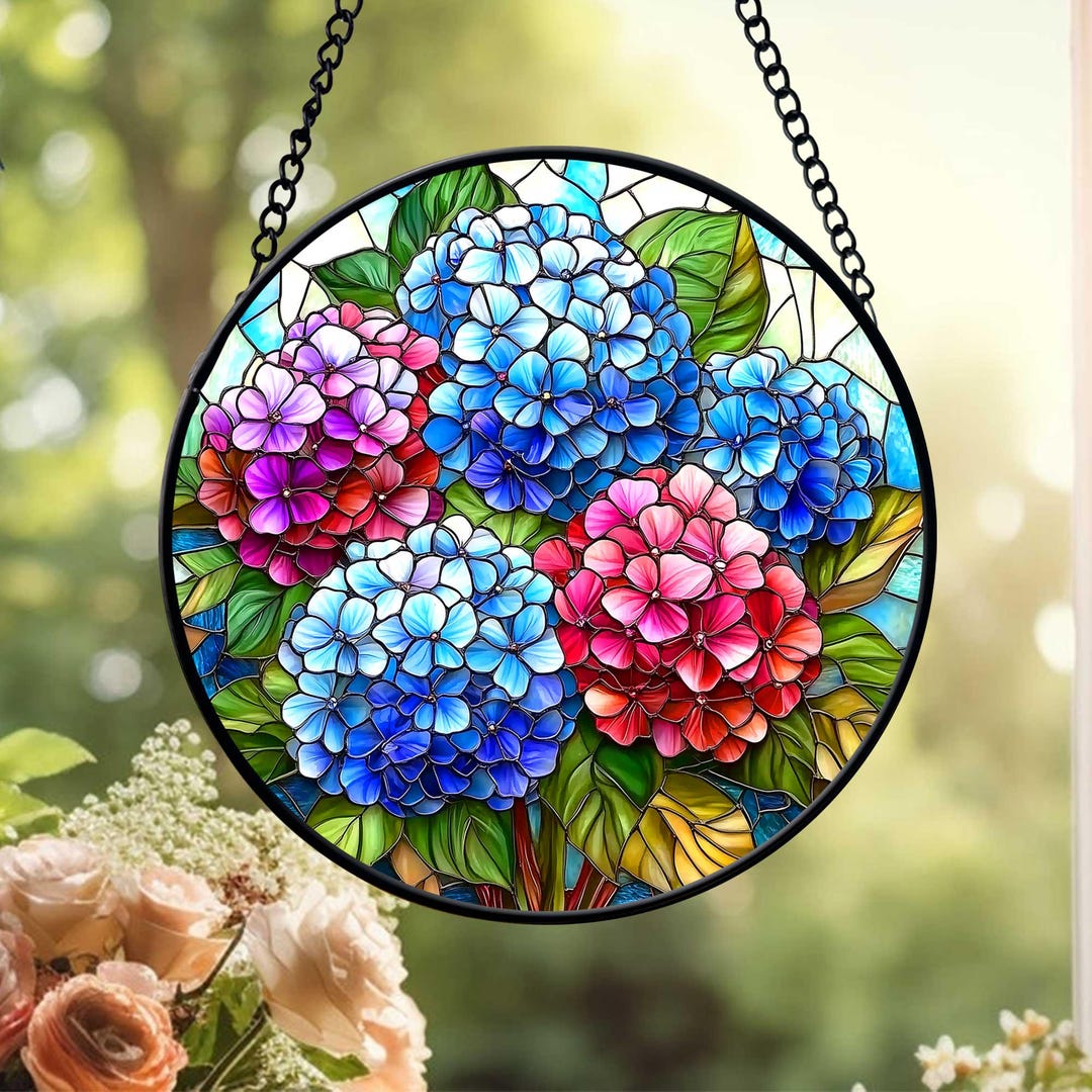 Hydrangeas Faux Stained Glass, Hydrangeas Flower Suncatcher, Garden ...