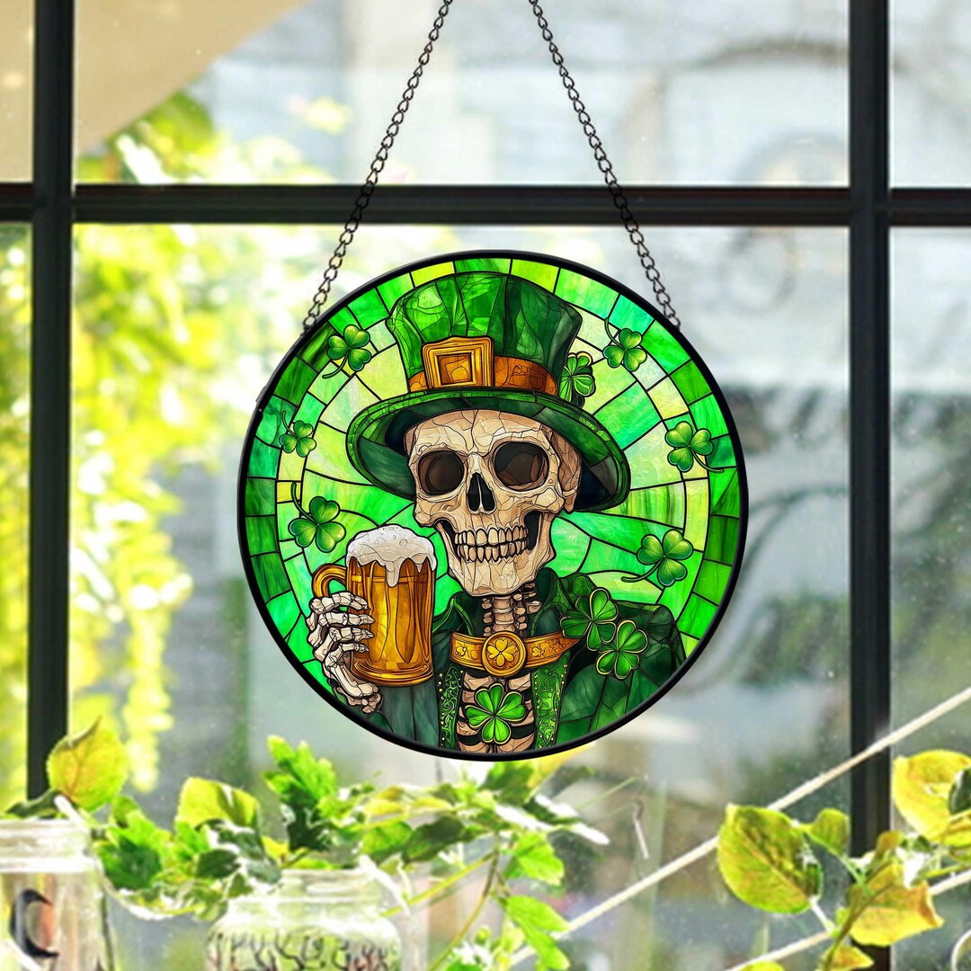 St. Patrick's Day Skeleton Faux Stained Glass, Irish Skeleton ...