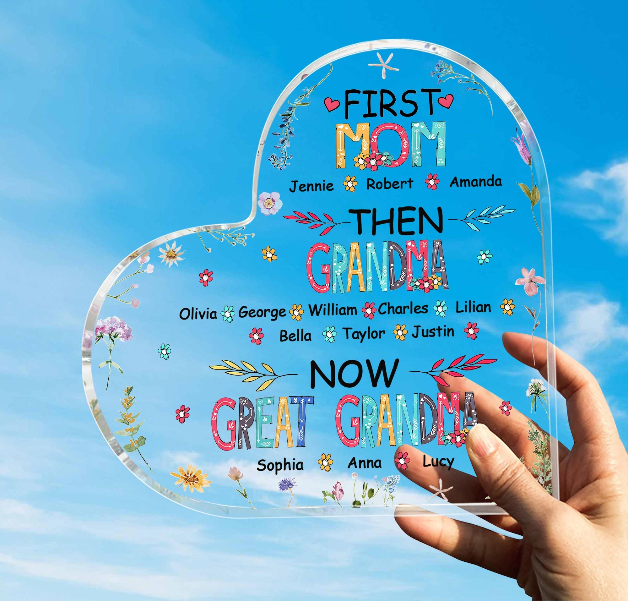 Personalized First Mom Then Grandma Now Great Grandma Heart Acrylic ...