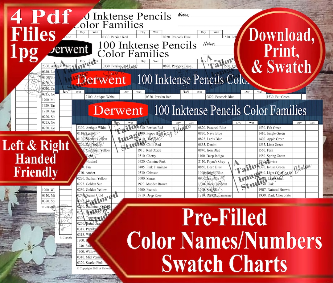 Derwent 100 Inktense Pencils Color Families Swatch Charts - Etsy