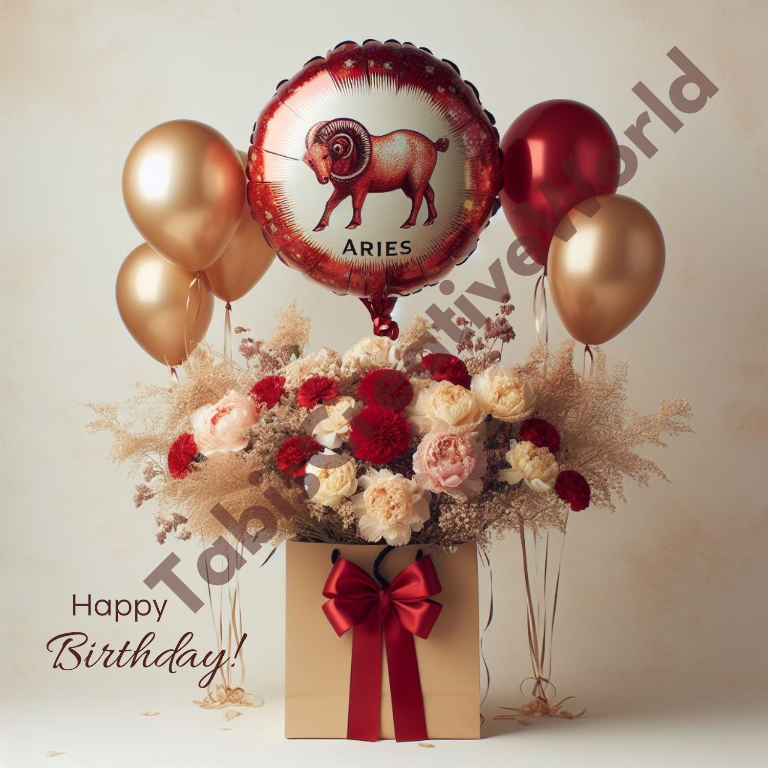 Card Happy Birthday / Birthday Card Zodiac Sign Aries / Gold Red Beige ...