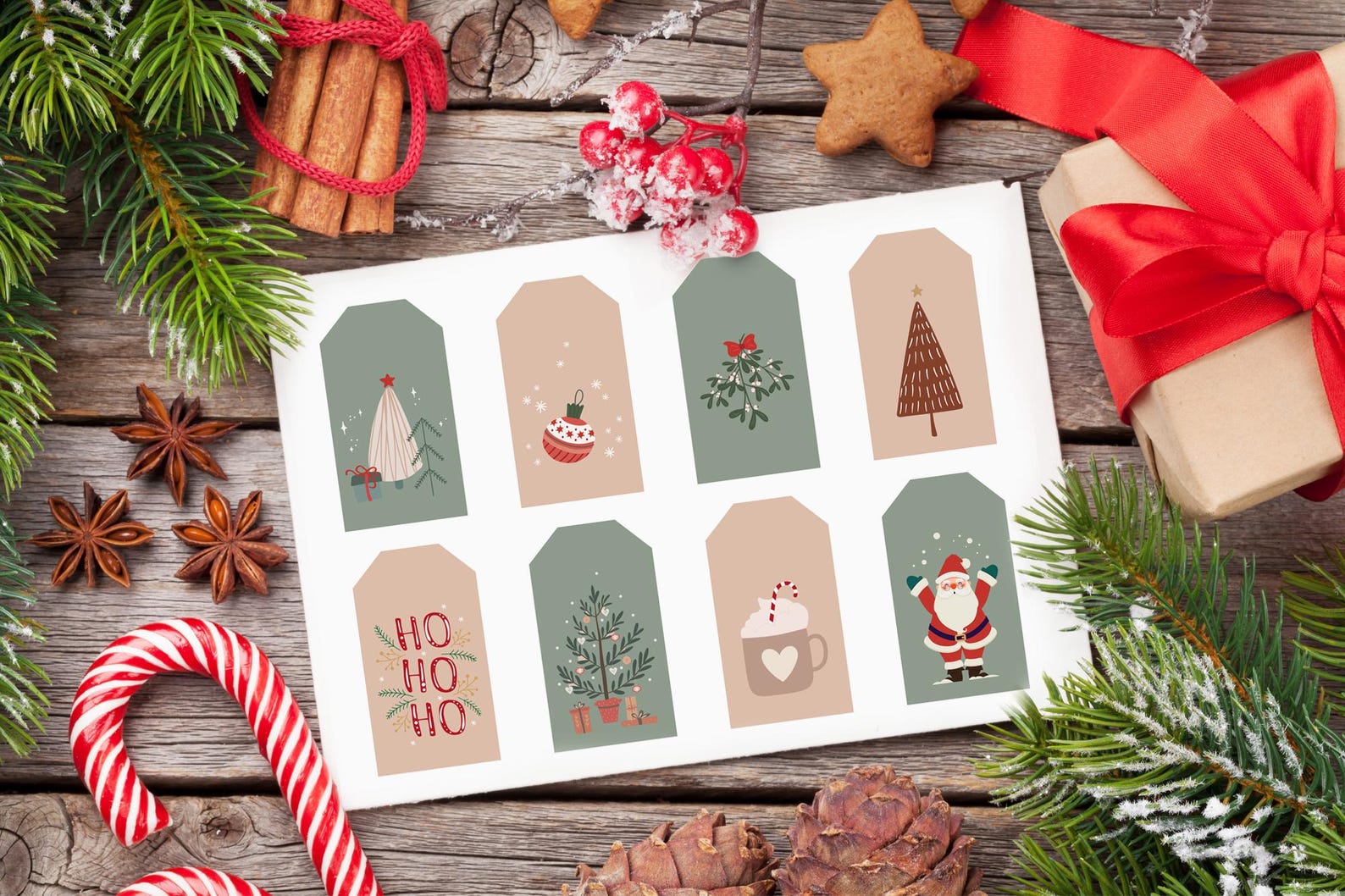 Boho Christmas Gift Tags, Set of 8 Printable Holiday Labels, Minimal ...