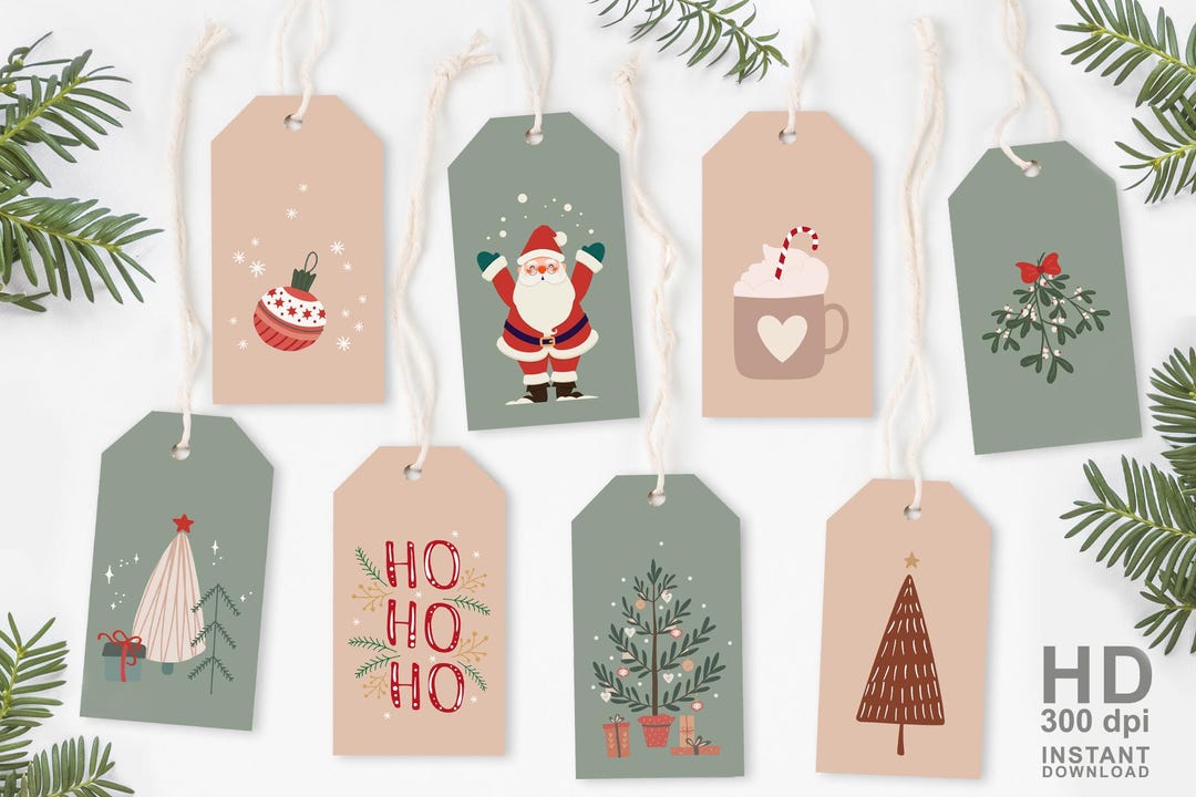 Boho Christmas Gift Tags, Set of 8 Printable Holiday Labels, Minimal ...