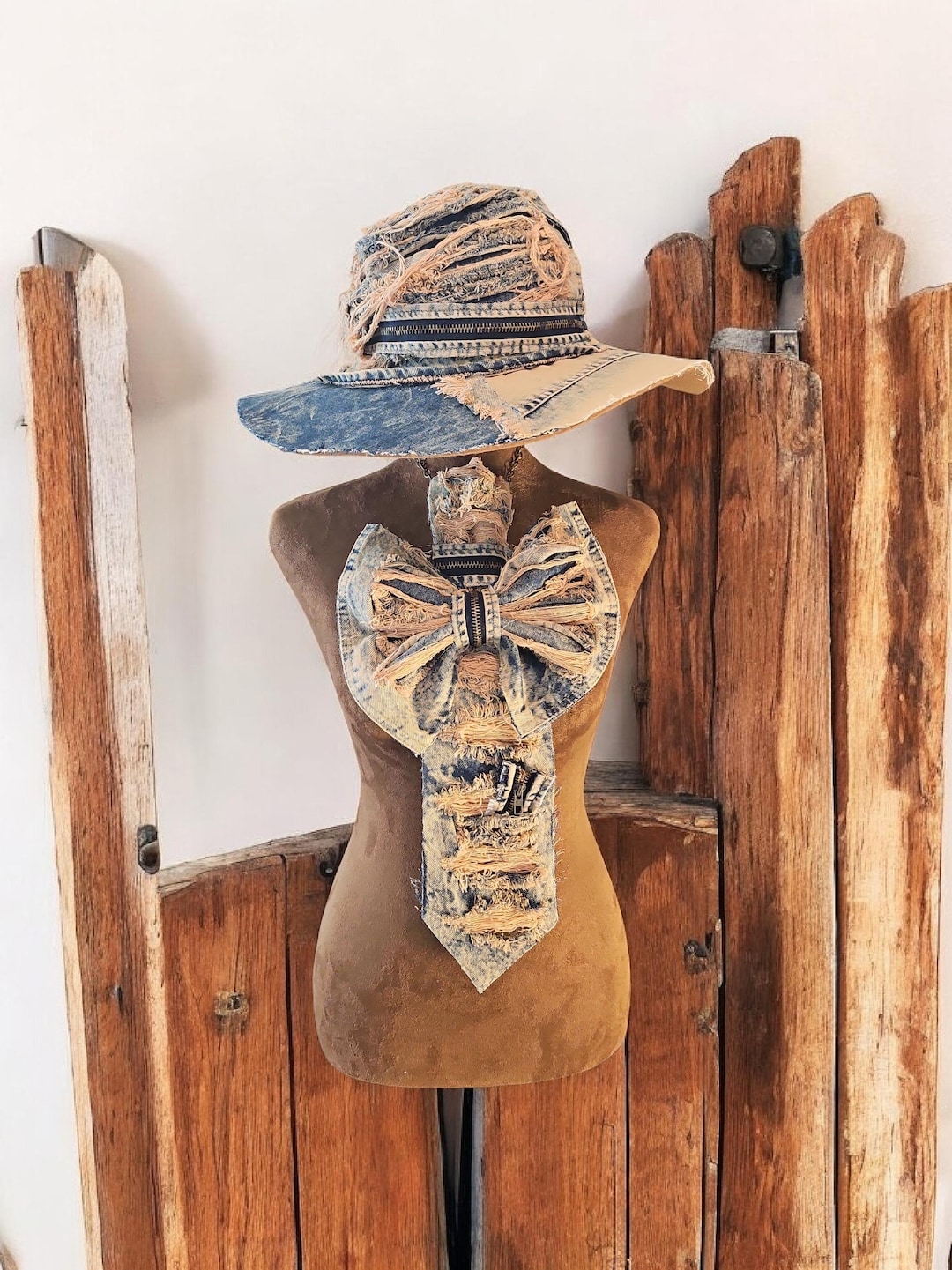 Handmade Distressed Denim Floppy Fedora Hat / Necktie (set) - Etsy