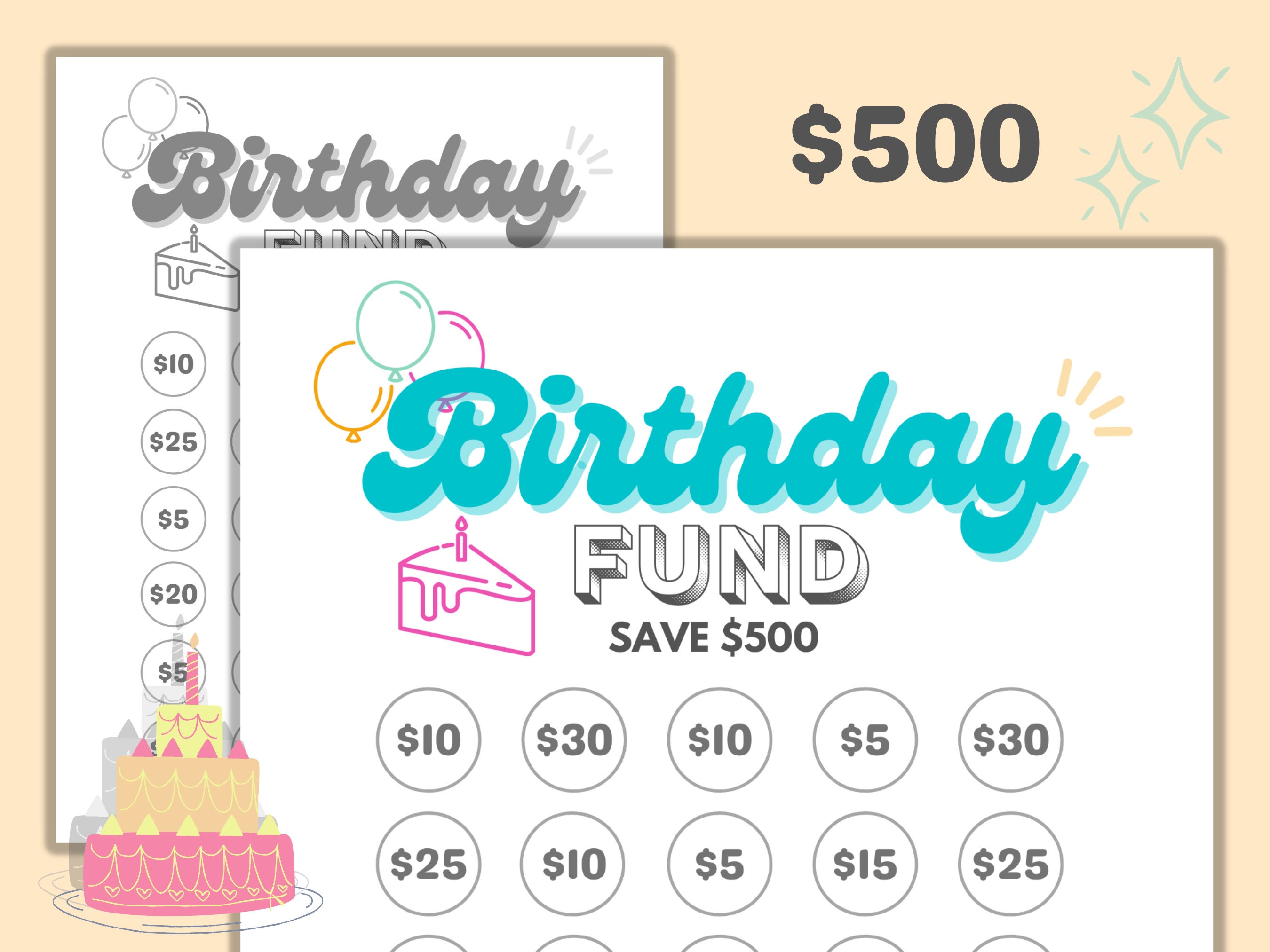 Birthday Fund Savings Tracker Printable, 500 Dollar Birthday Savings ...