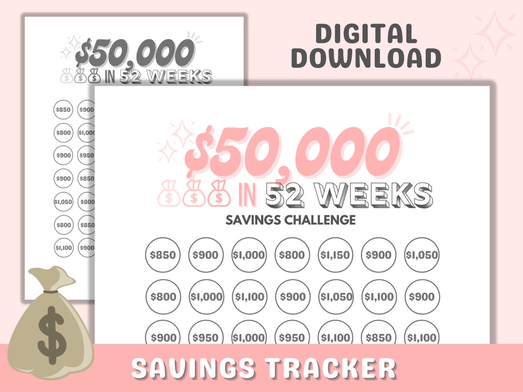 50k in 52 Weeks Savings Tracker Printable File, Save 50,000 in 1 Year ...