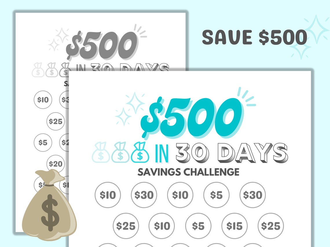 500 in 30 Days Savings Tracker Printable Files, Save Five Hundred in 30 ...