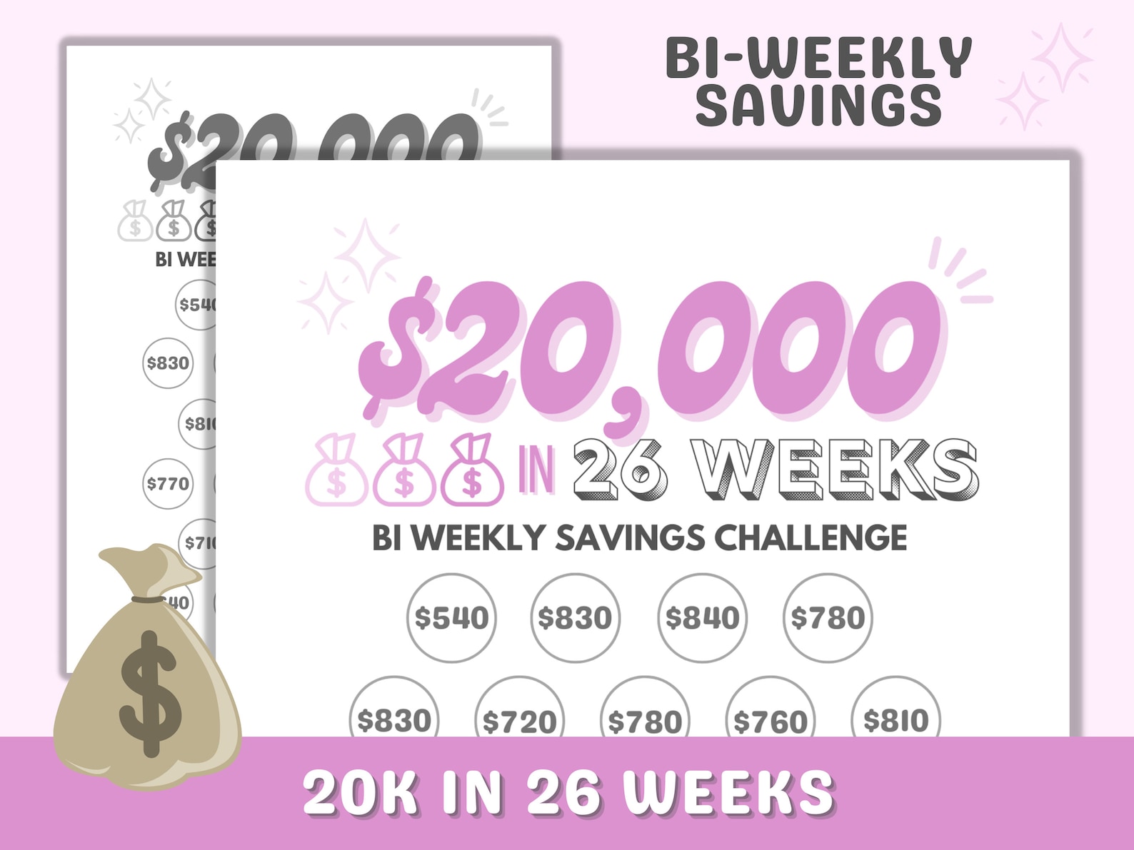 Bi Weekly 20k Savings Challenge, Save 20,000 in 26 Weeks Printable ...