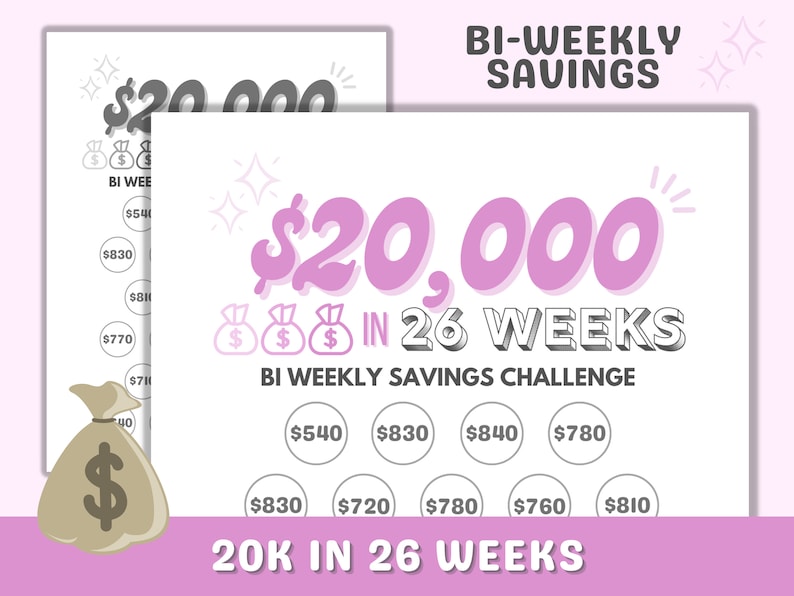Bi Weekly 20k Savings Challenge, Save 20,000 in 26 Weeks Printable ...