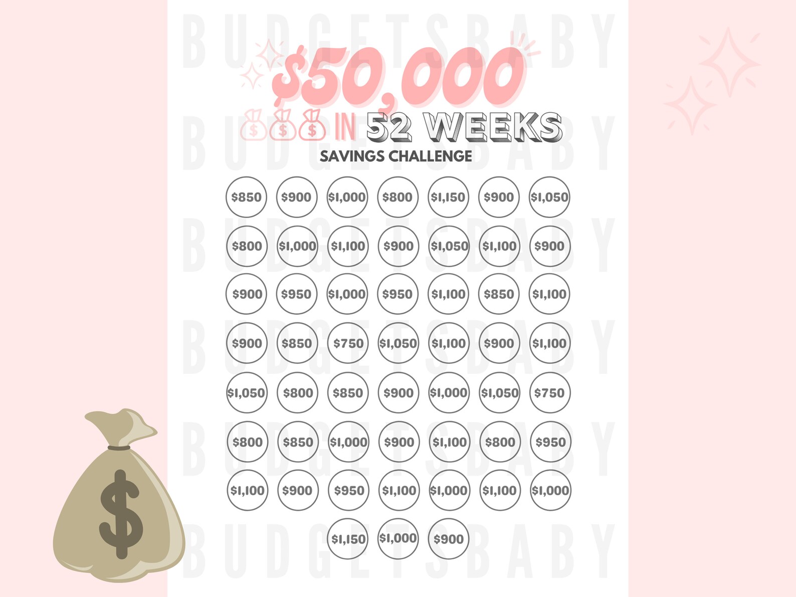 50k in 52 Weeks Savings Tracker Printable File, Save 50,000 in 1 Year ...