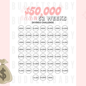 50k in 52 Weeks Savings Tracker Printable File, Save 50,000 in 1 Year ...