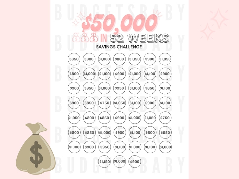 50k in 52 Weeks Savings Tracker Printable File, Save 50,000 in 1 Year ...