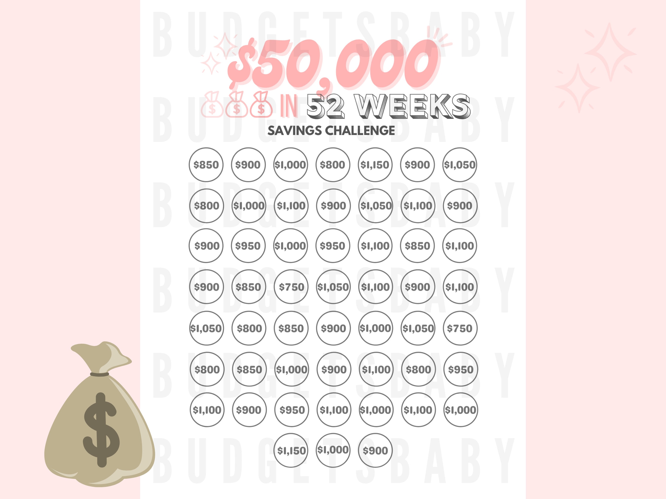 50k in 52 Weeks Savings Tracker Printable File, Save 50,000 in 1 Year ...