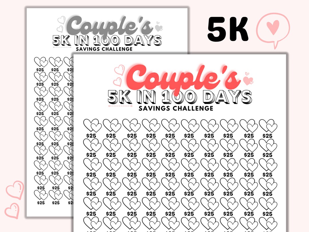 5k in 100 Days Couple's Savings Tracker Printable Files, Save 5000 in ...