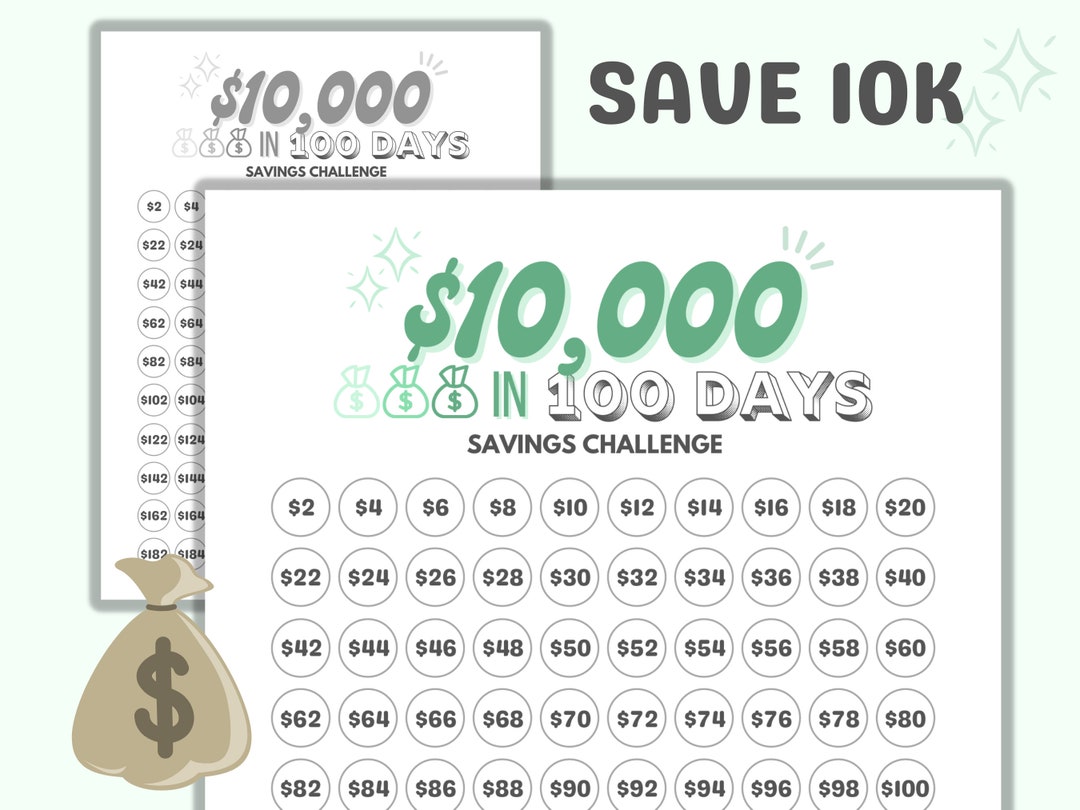 10k In 100 Days Savings Tracker Printable Files Save 10 000 In 100