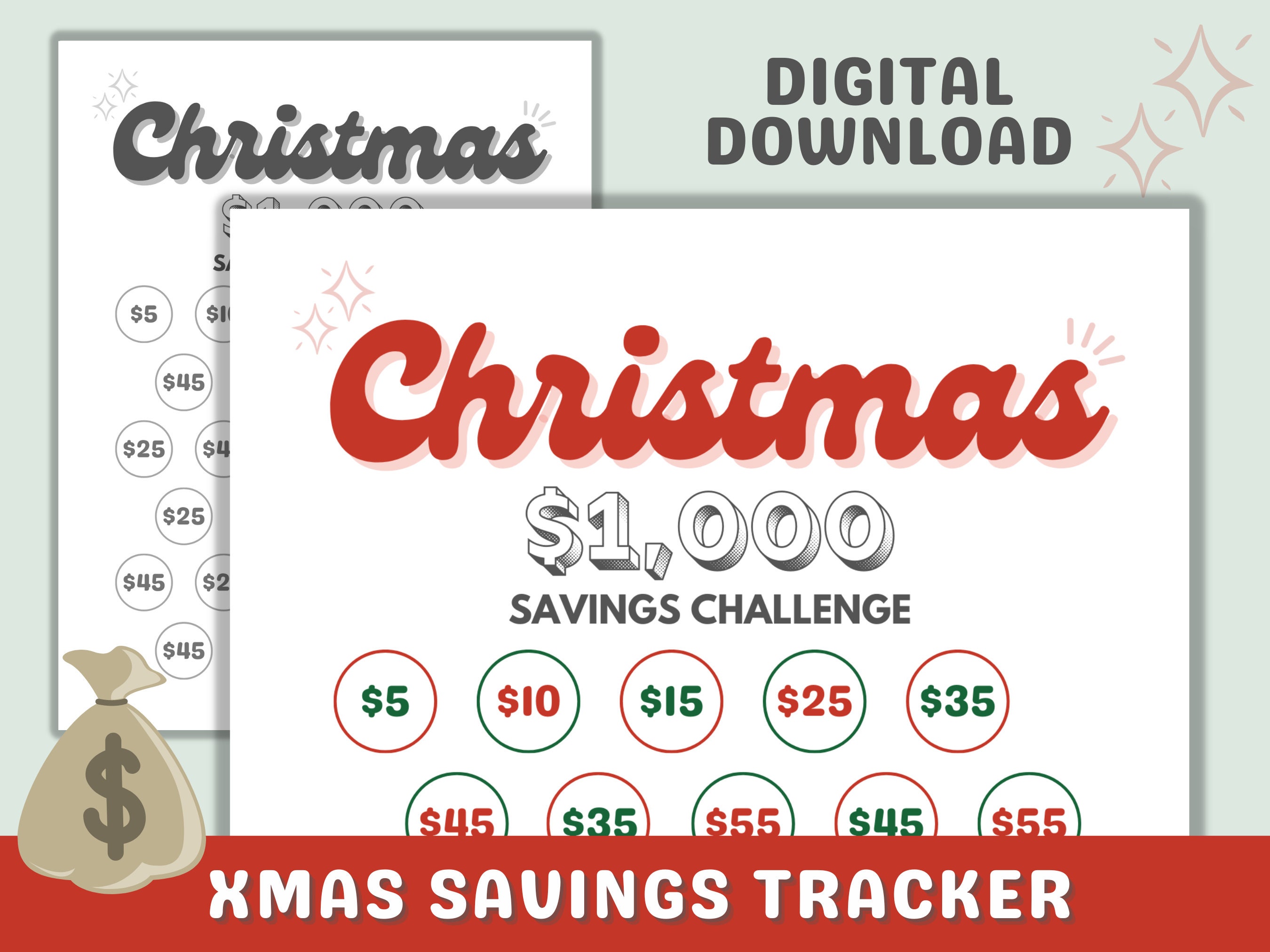 1k Christmas Savings Tracker Printable Files, Save 1000 in 30 Days Xmas ...