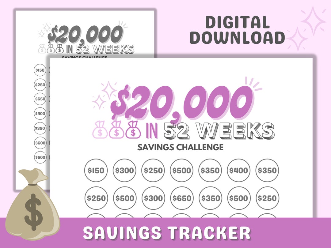 20k in 52 Weeks Savings Tracker Printable File, Save 20,000 in 1 Year ...