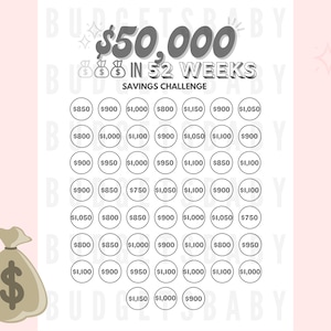 50k in 52 Weeks Savings Tracker Printable File, Save 50,000 in 1 Year ...