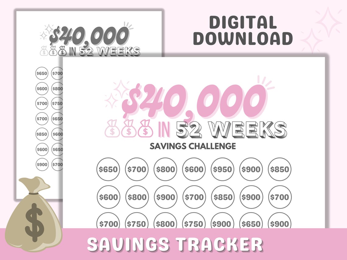 40k in 52 Weeks Savings Tracker Printable File, Save 40,000 in 1 Year ...