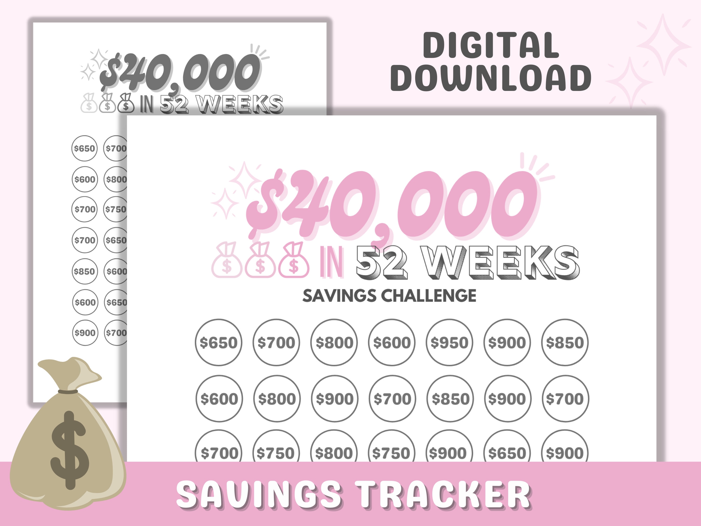 40k in 52 Weeks Savings Tracker Printable File, Save 40,000 in 1 Year ...