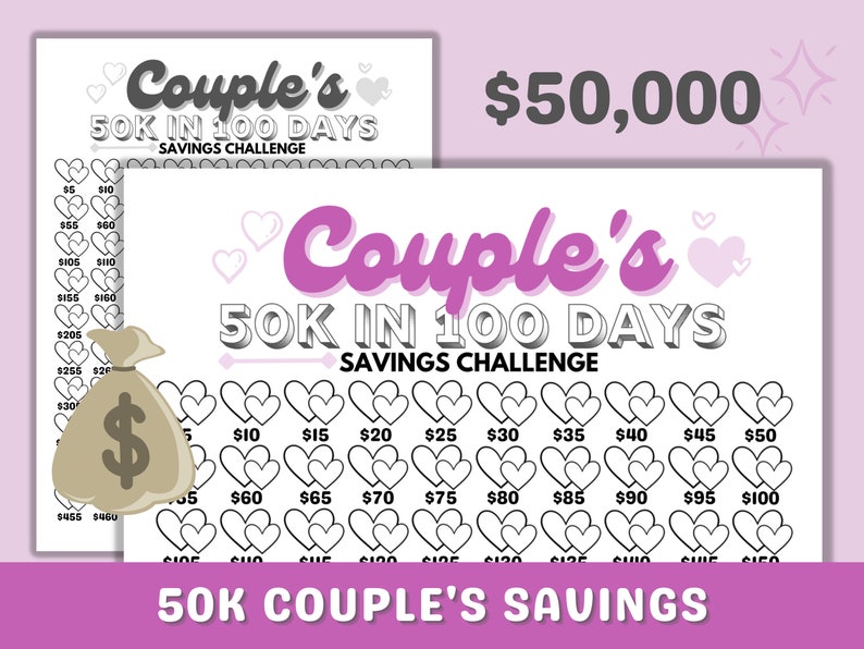 50k in 100 Days Couple's Savings Tracker Printable Files, Save 50000 in ...