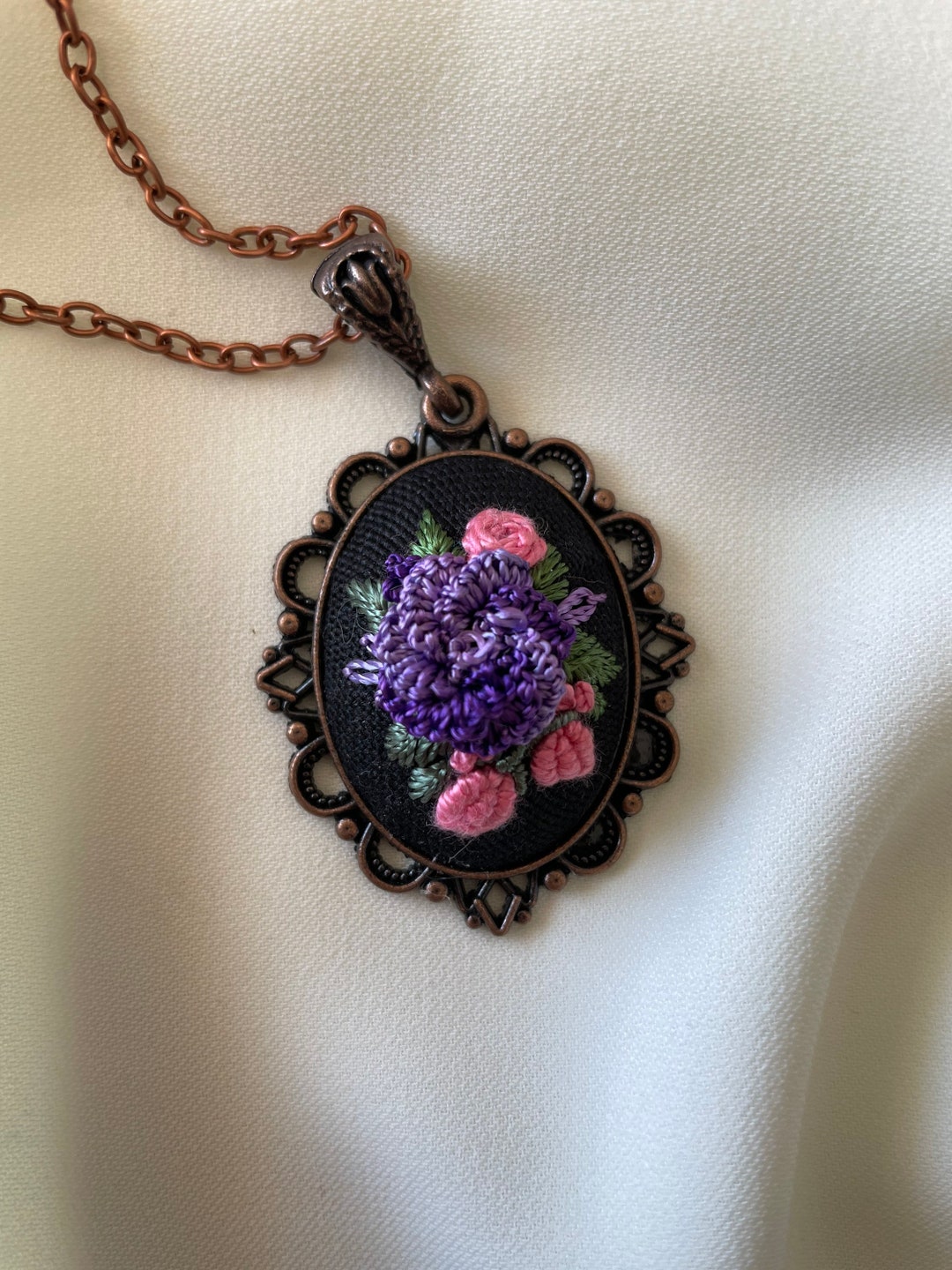 Hand Embroidered Purple Necklace,hand Embroidered Necklace,embroidered ...