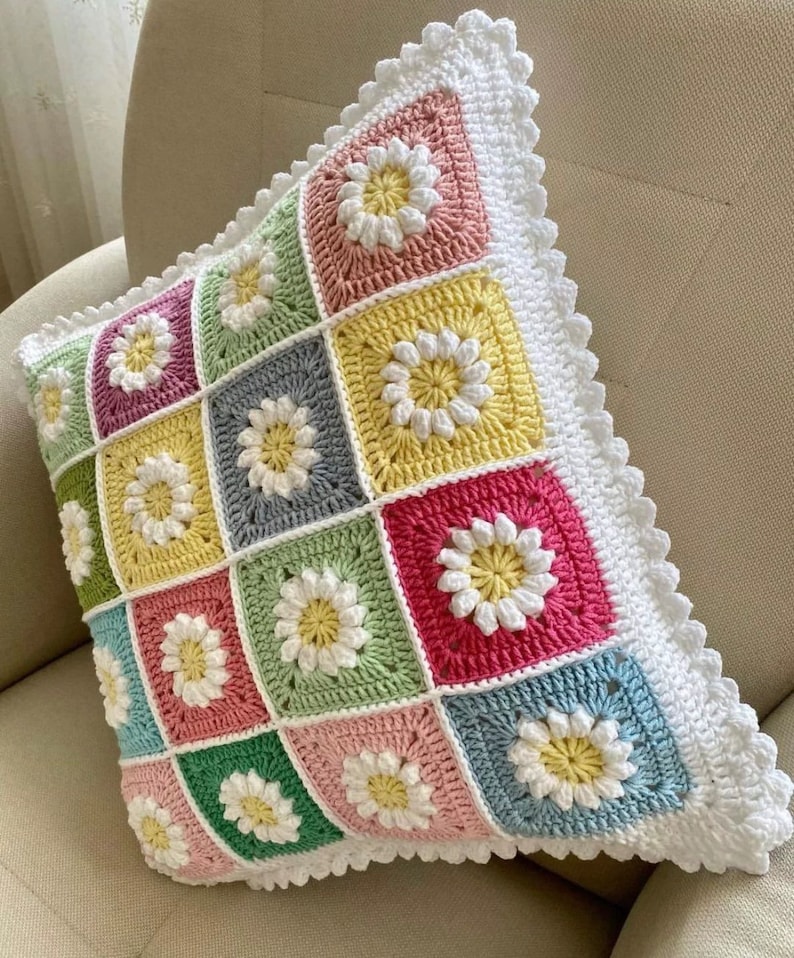 Nice Crochet Daisy Afghan Pillow Granny Square-handmade - Etsy
