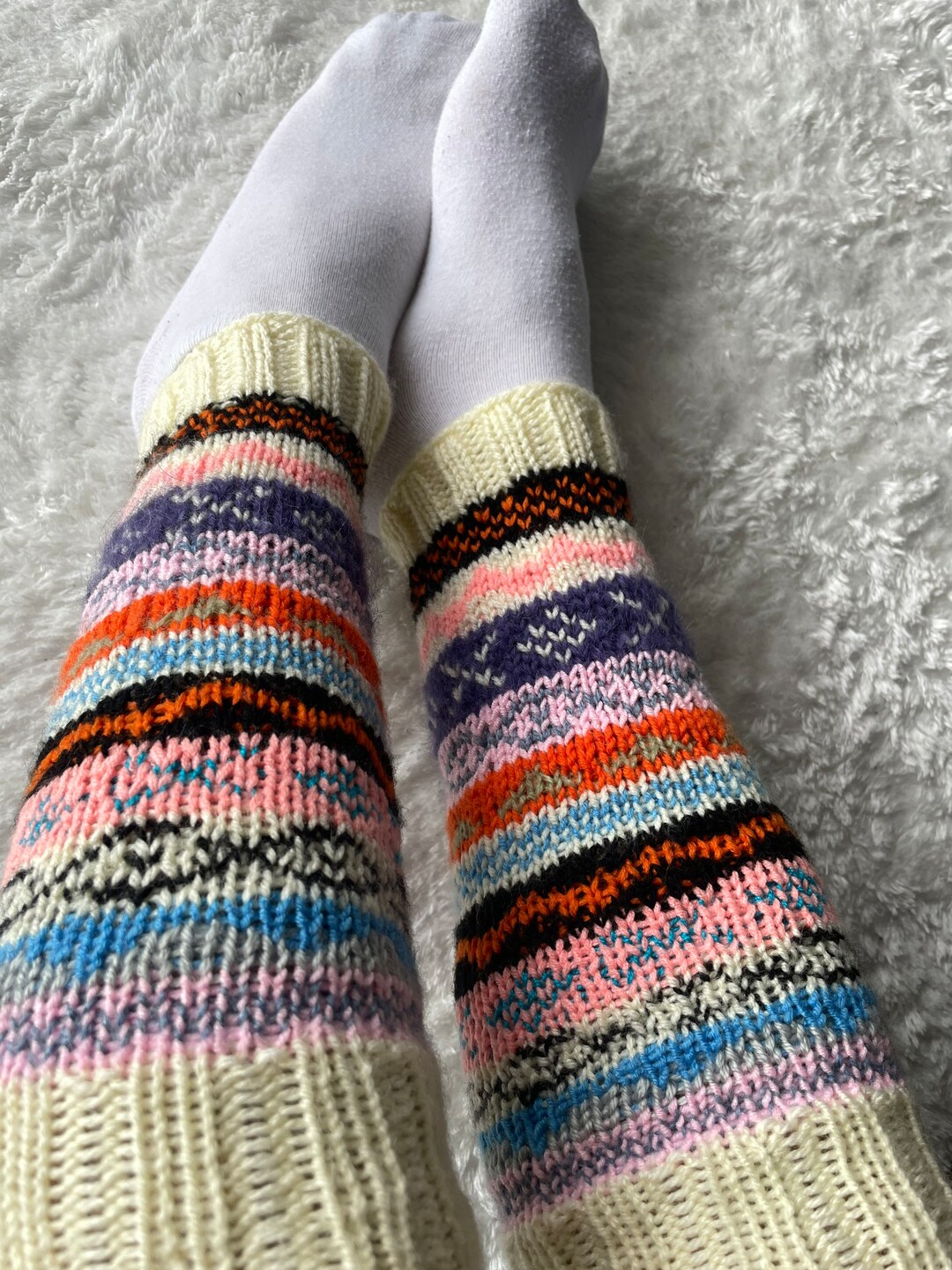 Hand Knit Dotty Stripe Leg Warmers, 100% Handmade, Fair Trade Unlined ...