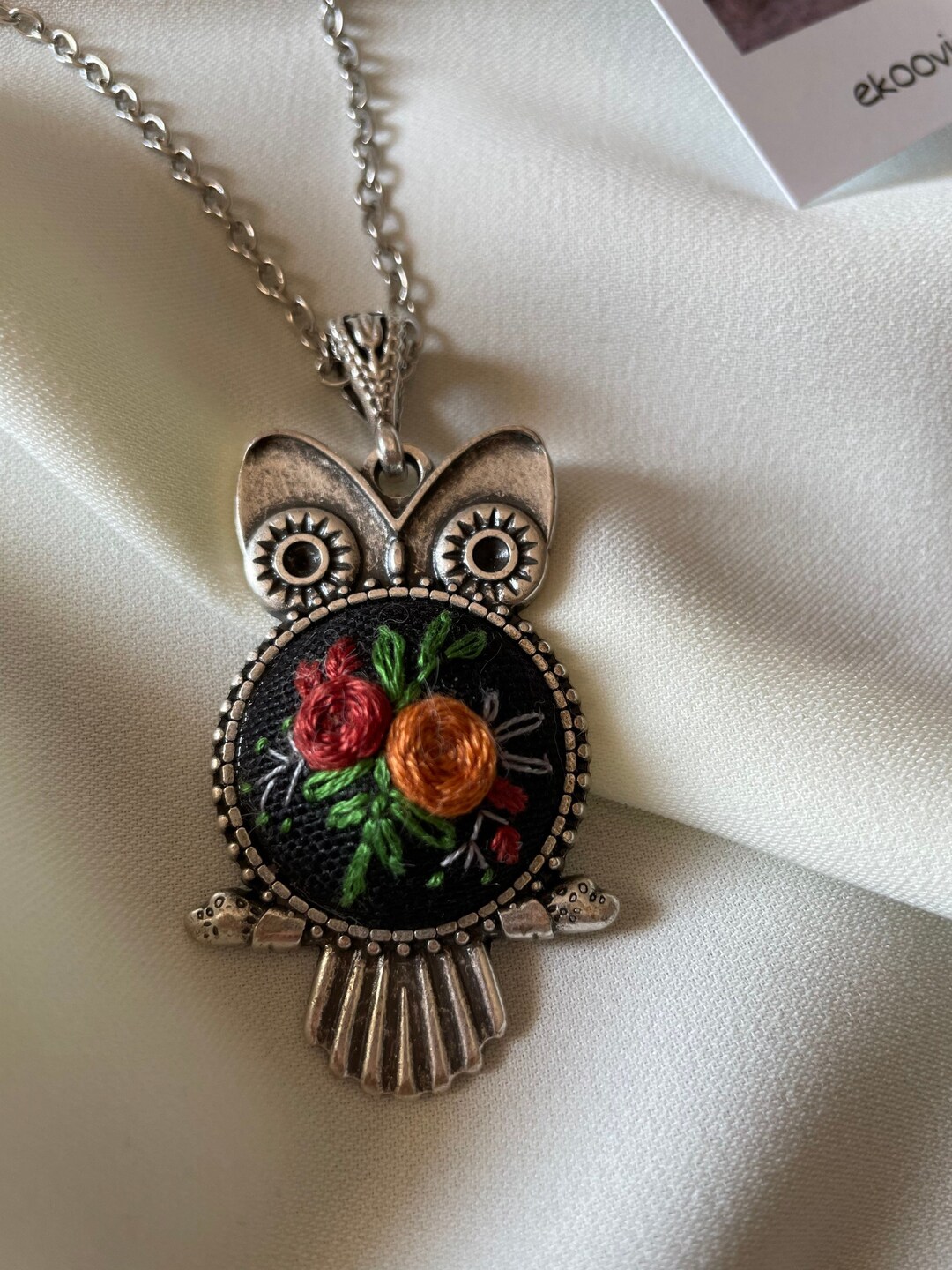 Hand Embroidered Owl Necklace,hand Embroidered Necklace,embroidered ...