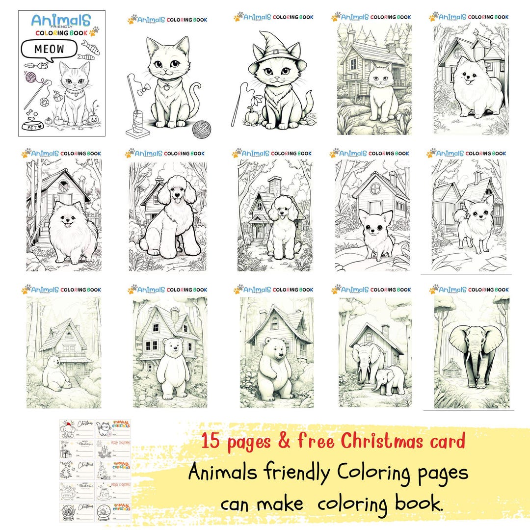 Animals Friendly Coloring 15 Pages for Kids, Coloring Books, Coloring ...