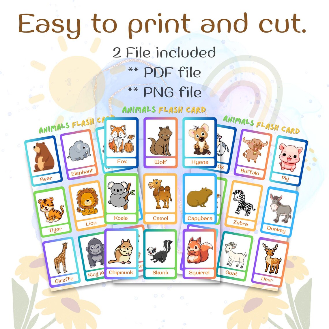 45 Color Animals Flash Cards, Montessori Learning, Educational ...