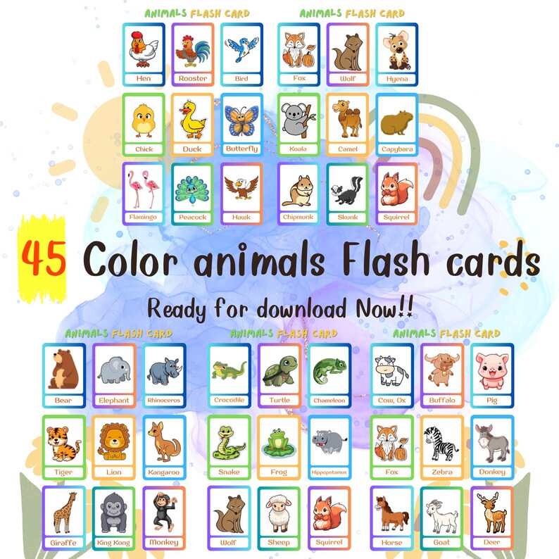 45 Color Animals Flash Cards, Montessori Learning, Educational ...