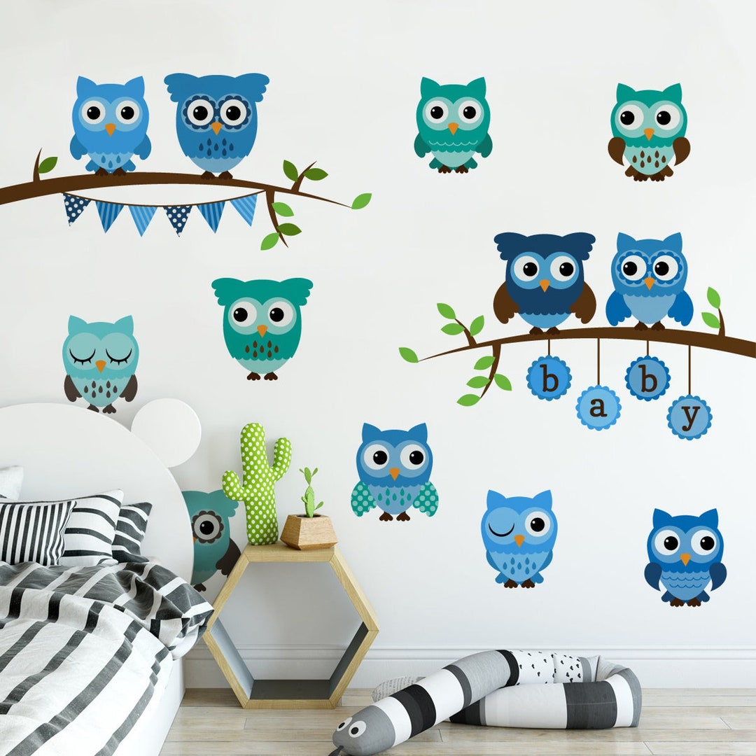 Blue and Green Owls \ Wall Decal \ Removable Wall Stickers \ Self ...