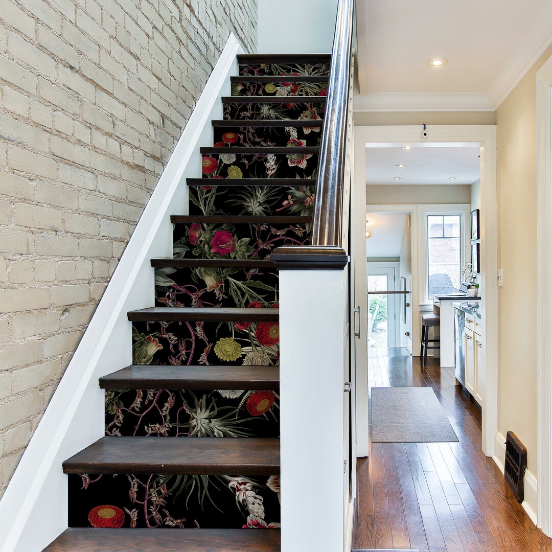 Red Wildflowers Decal \ Dark Floral Sticker \ Floral Removable Stair ...