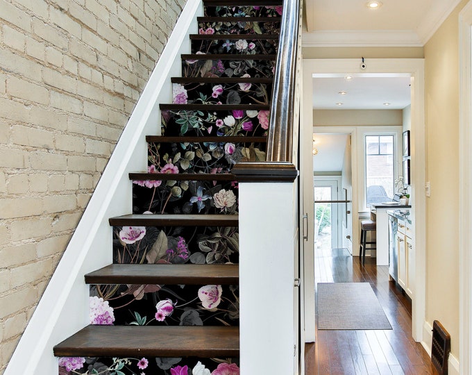 10 Step Stair Riser Decal, Vintage Painted Flowers Stair Sticker ...