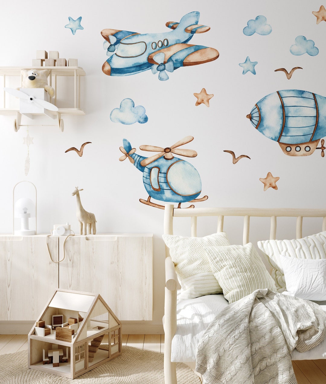 Blue Watercolor Airplanes \ Wall Decal \ Removable Wall Stickers \ Self ...