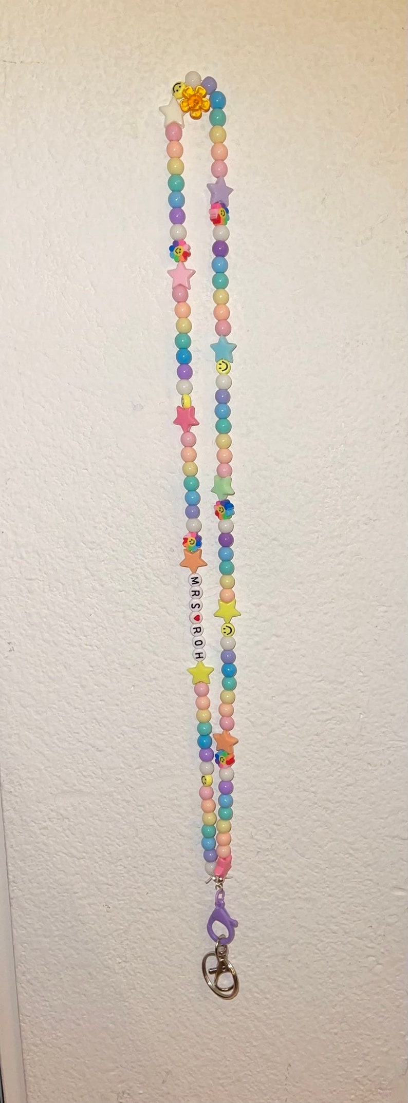 Pastel Rainbow Star Teacher Lanyard Custom Name Beads Smiley - Etsy