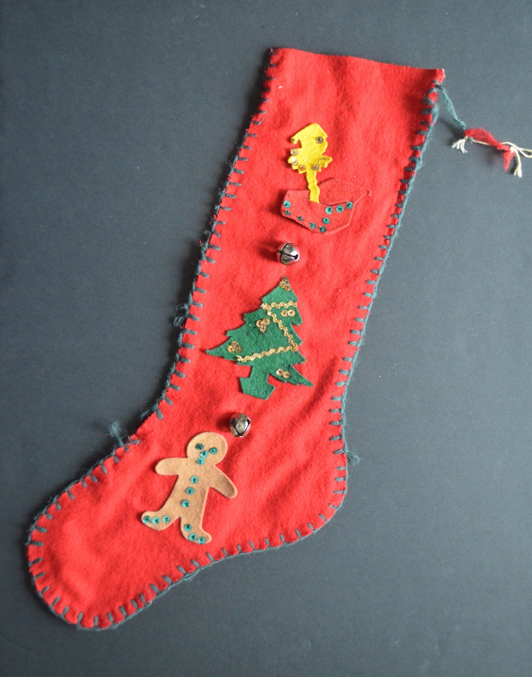 Vintage Red Felt Stocking With Jack in the Box Bells Gingerbread Man ...