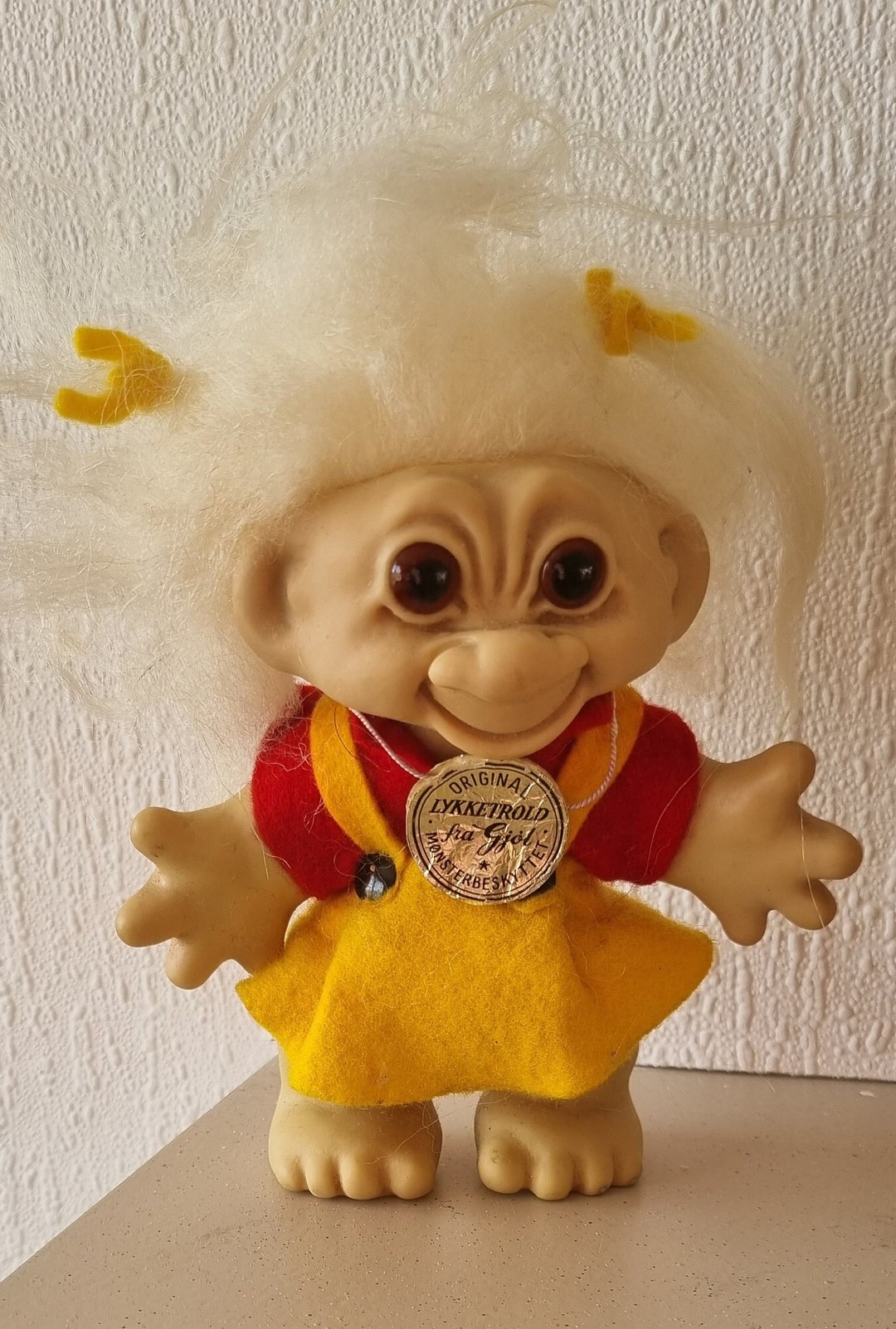 Rare Vintage Girl Troll Doll, White Hair, Yellow Felt Dress, Red Top - Etsy