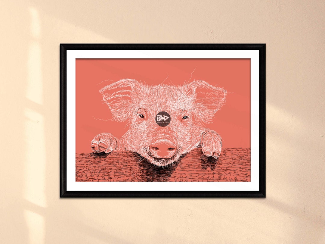 Piglet Line Drawing Orange Digital Print | Hand Drawn Cute Farm Animals ...