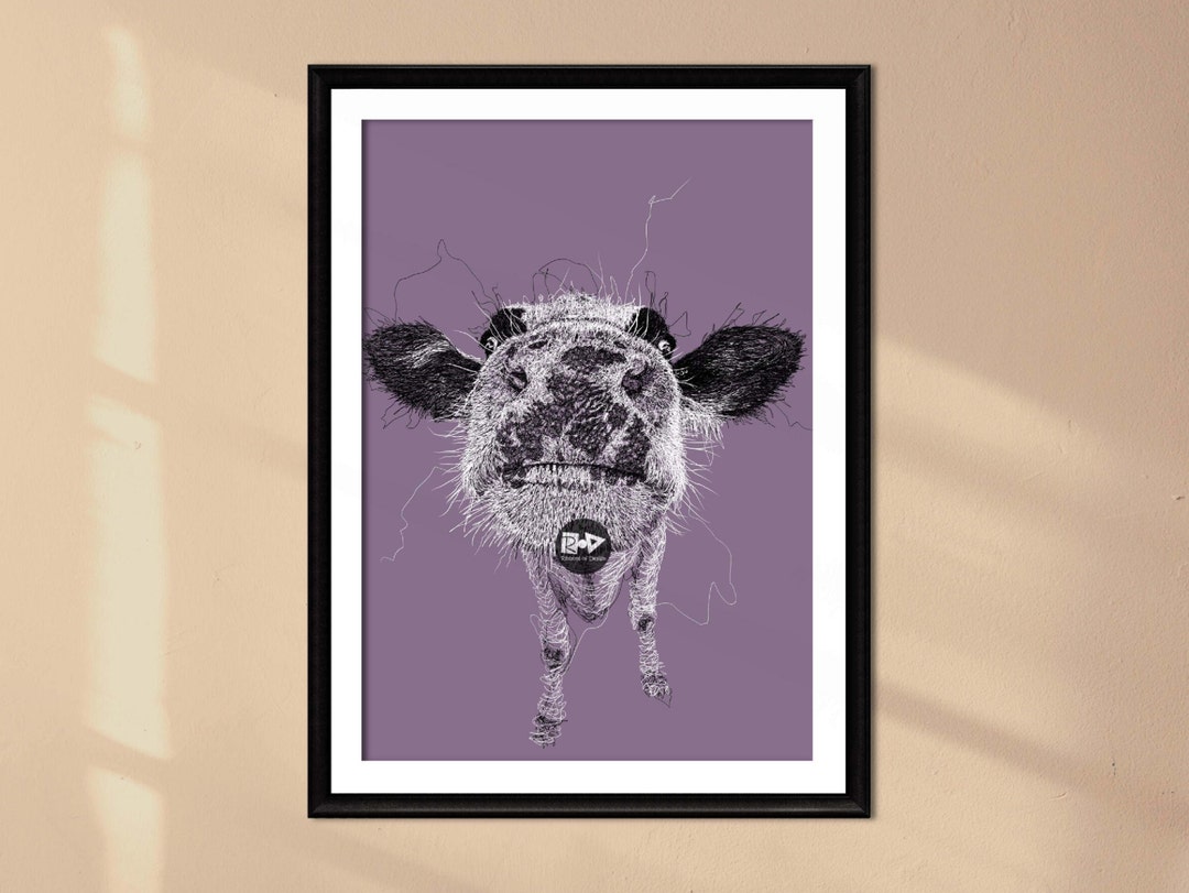 Purple Cow Drawing Art Print | Cute Farm Animals Realistic Line Drawing ...