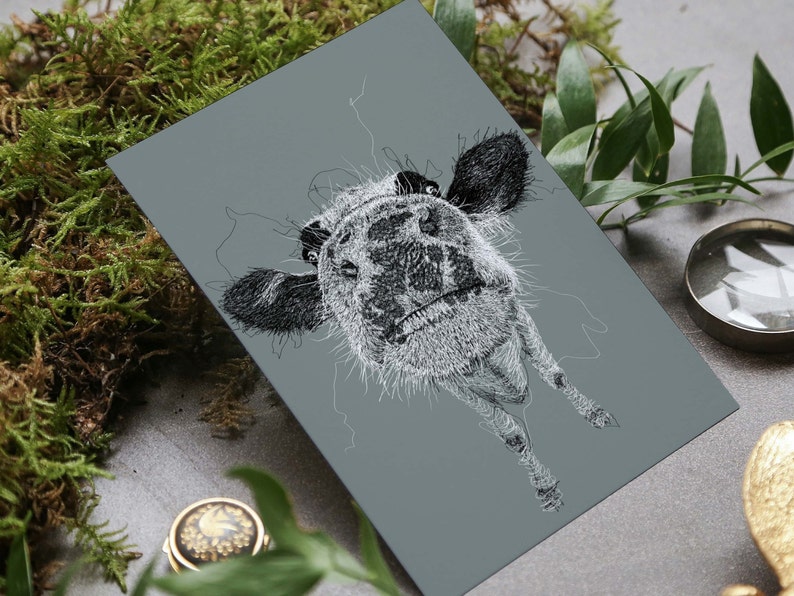 Cow Drawing Art Print | Cute Farm Animals Realistic Line Drawing | Hand ...