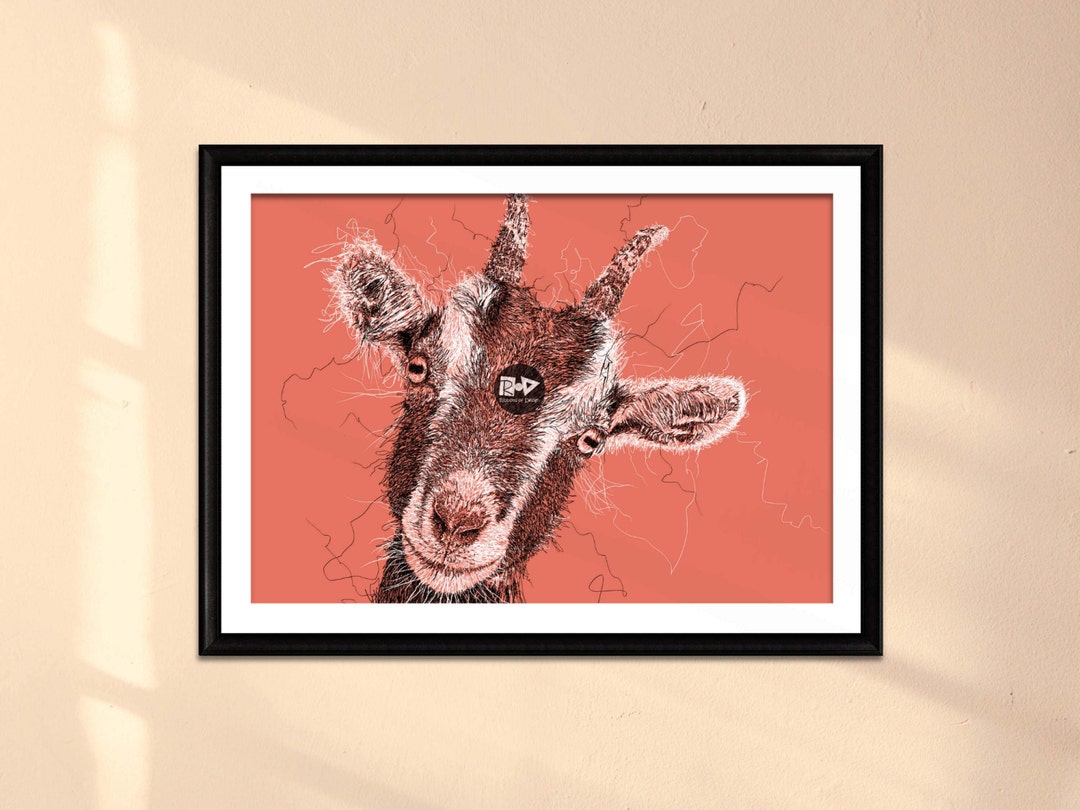 Goat Line Drawing Orange Art Print | Cute Farm Animal Decor| Realistic ...