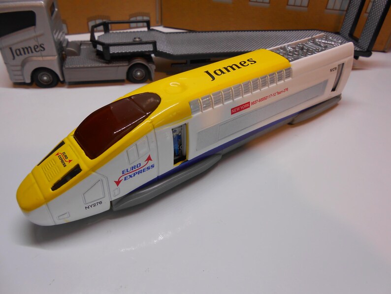 PERSONALISED NAME Toy Truck Lorry Toy Train Transporter Model Car SET ...